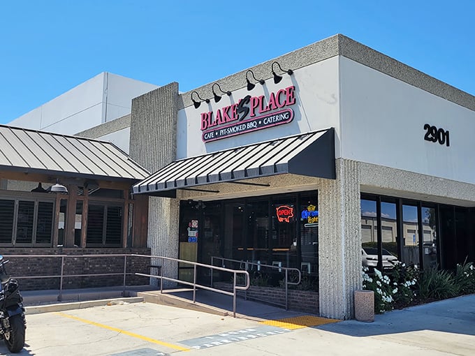 Blake's Place stands proud with rustic charm that whispers "serious barbecue happens here, folks." 