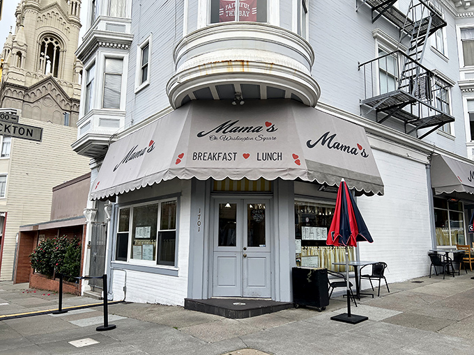 The corner that launched a thousand breakfast dreams. Mama's iconic white facade and striped awning have been beckoning hungry San Franciscans for generations.