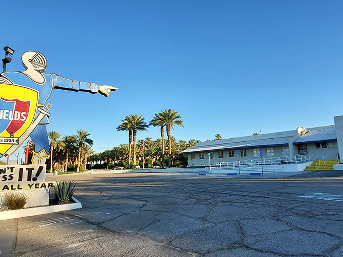 The unassuming exterior of Shields Date Garden in Indio hides culinary treasures within. Desert palm trees stand guard over this California institution.