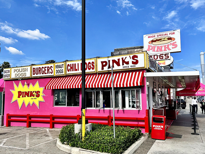 That bright pink exterior isn't just decoration &ndash; it's a beacon calling hot dog pilgrims from across California.