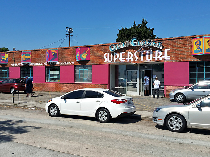 The unmistakable hot pink facade of Out of the Closet in Glassell Park announces itself like a beacon for bargain hunters and treasure seekers alike.