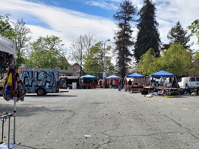 A bird's-eye view of treasure hunting paradise! White tents dot the Ashby BART parking lot like a village of possibility where one person's castoffs become another's treasures.