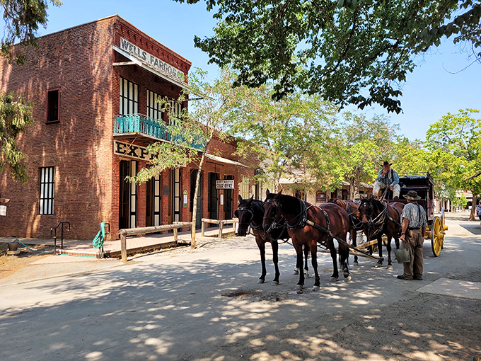 The Wells Fargo building stands as sentinel to Gold Rush history, while a stagecoach awaits passengers ready to journey back in time.