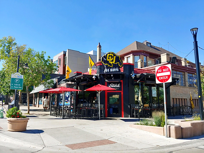 The Sink's iconic black exterior with red trim welcomes hungry pilgrims to this Boulder institution. Those red umbrellas promise shade for your burger-induced euphoria.