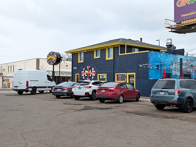 The unmistakable blue exterior with Union Jack logos announces GB Fish & Chips like a British embassy on Colorado soil. Fish diplomacy at its finest!