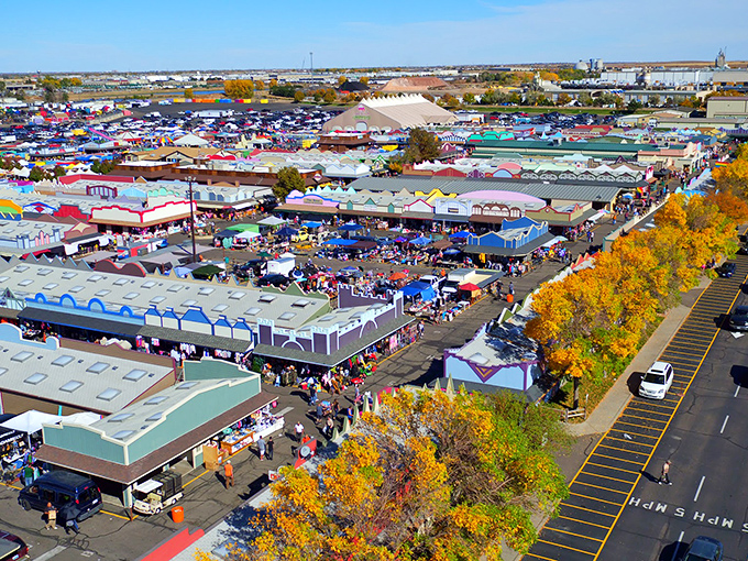 A bird's-eye view of treasure hunting paradise! The sprawling Mile High Flea Market combines carnival rides, colorful tents, and endless rows of potential discoveries under Colorado's brilliant blue sky.
