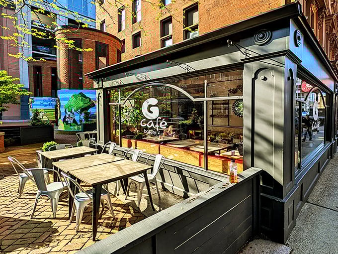 The storefront beckons like an old friend, with its tan facade and large windows offering glimpses of culinary happiness within. New Haven's brick sidewalks lead right to deliciousness.