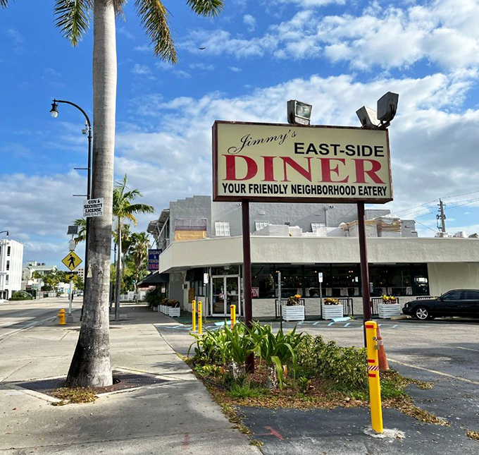 The classic sign says it all – "Your Friendly Neighborhood Eatery" isn't just marketing; it's a promise Jimmy's has kept for generations of Miamians.