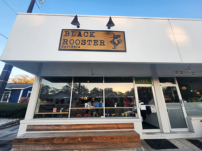 The unassuming storefront of Black Rooster Taqueria beckons like a secret handshake among Orlando foodies. Those wooden benches have witnessed countless taco-induced smiles.