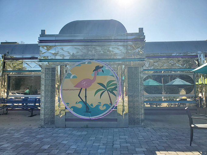The Pink Flamingo Diner stands proud against Florida's skyline, where palm trees and retro signage promise a journey back to simpler, tastier times.