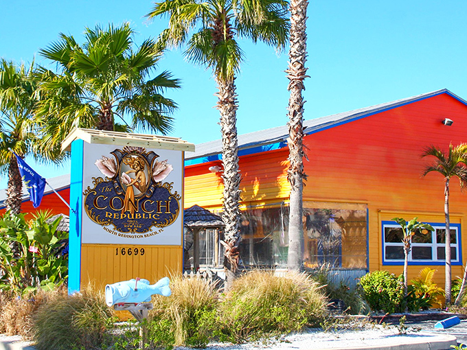 The vibrant yellow and red exterior screams "Florida vacation" even if you're just on your lunch break. Palm trees included!