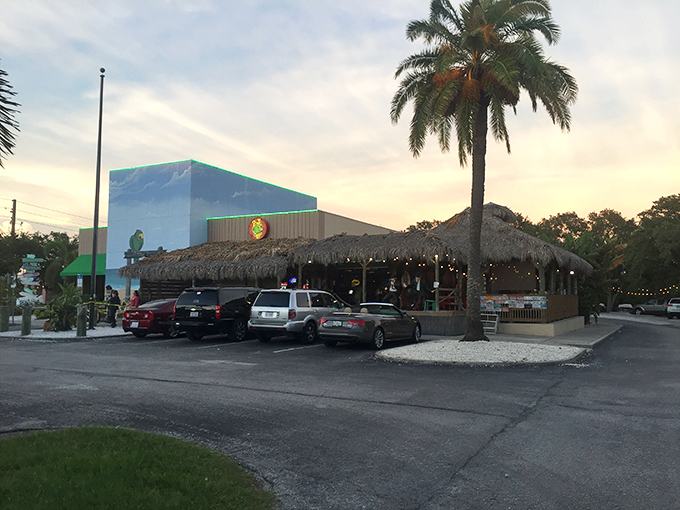 The thatched tiki roof and vibrant green exterior of P.J.'s stands out like a tropical oasis, promising seafood treasures within this Indian Rocks Beach landmark.