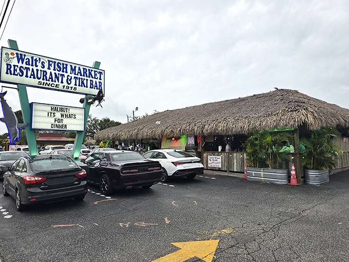 The thatched-roof paradise of Walt's Fish Market beckons like a mirage on Tamiami Trail, promising seafood treasures beneath its tropical canopy.