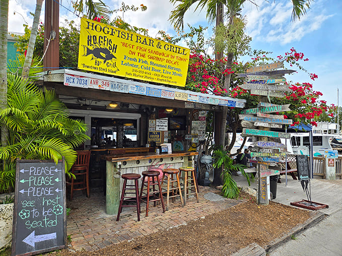 The iconic Phillips 66 sign and thatched roof welcome you to Hogfish Bar & Grill&mdash;proof that Florida's best treasures aren't always hiding in plain sight.