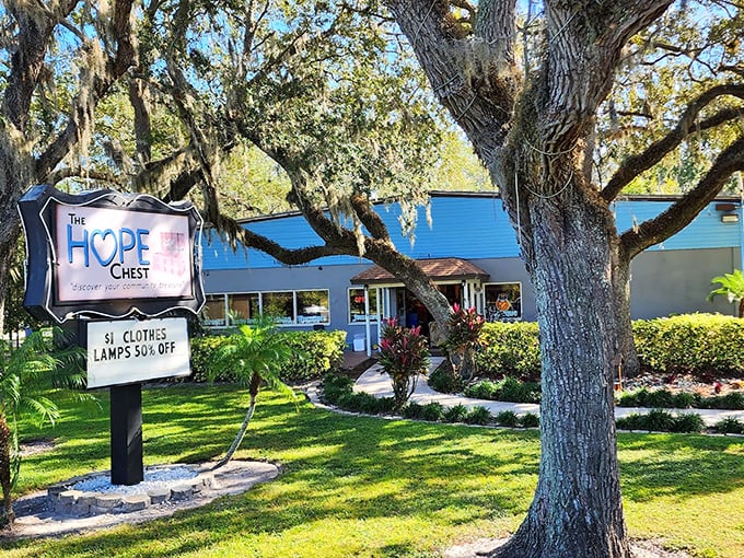 The HOPE Chest welcomes bargain hunters with its cheerful red exterior and Spanish moss-draped oaks, like Florida's version of retail therapy paradise.