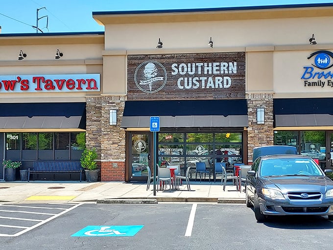 Southern Custard's storefront beckons with its sleek black awning and stone accents. The crowd outside tells you everything you need to know&mdash;this place is worth the wait.
