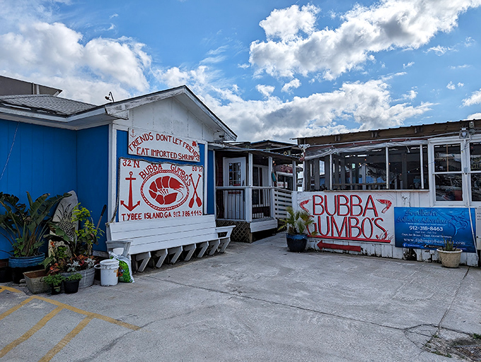 The unassuming exterior of Bubba Gumbo's proves once again that the best seafood joints often look like they might fall into the water at high tide.