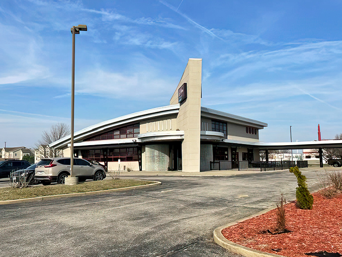 The distinctive mid-century modern architecture of Las Palmas stands out like a delicious anomaly in Champaign's landscape, promising culinary adventures within.