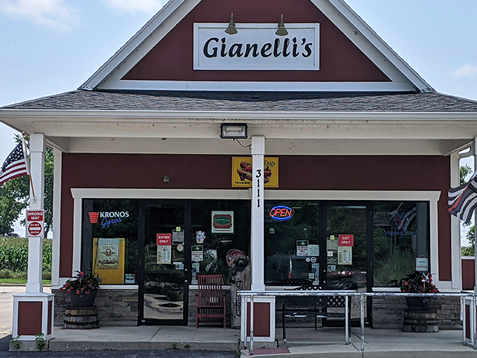 The red barn-like exterior of Gianelli's glows like a beacon of hope for hungry travelers. American flag included, because patriotism tastes delicious.