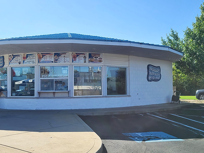 The iconic blue-and-white facade of Ritter's beckons like a frozen oasis in the Indiana summer. Resistance is futile.
