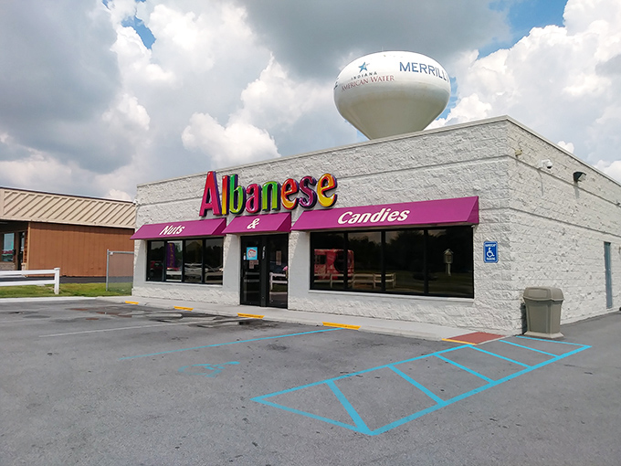 The colorful Albanese storefront stands like a beacon of sweetness on an otherwise ordinary Indiana street. Sugar paradise awaits!