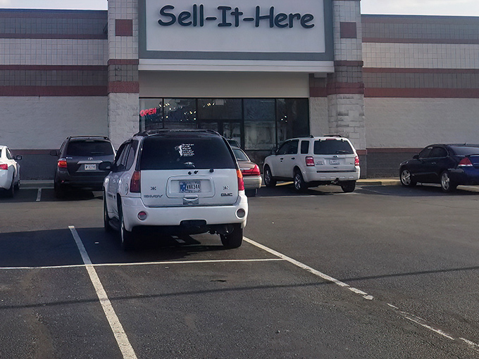 The unassuming storefront of Sell It Here belies the wonderland of treasures waiting inside. Like a portal to the past, these doors invite exploration.