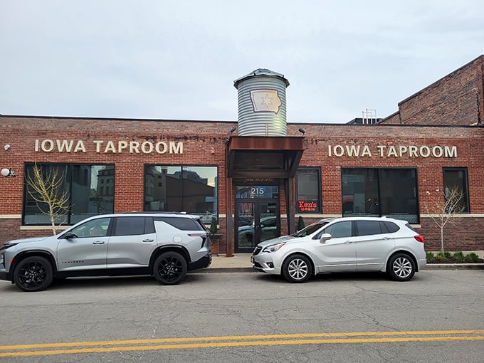 The iconic silo-shaped water tower proudly announces your arrival at The Iowa Taproom, where brick, bikes, and brews create the perfect Des Moines welcome.