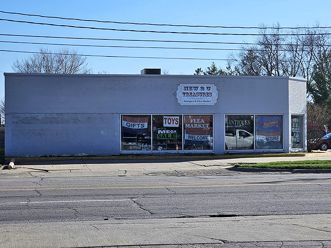 The unassuming exterior of New 2 U Treasures hides a universe of collectibles within. Like a treasure chest disguised as a concrete block.