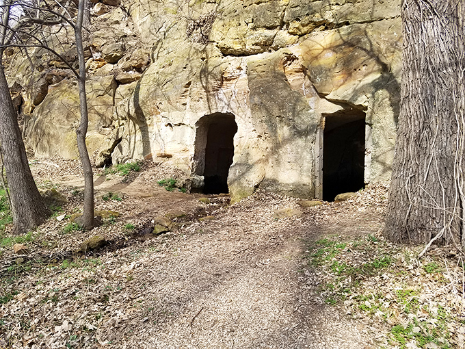 Twin doorways to yesterday carved into golden sandstone&mdash;nature's perfect frame for a Kansas adventure that feels straight out of an Indiana Jones film.