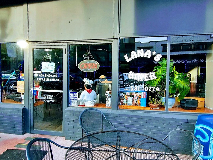 The classic "HOME COOKED MEALS" sign beckons like an old friend. Lana's outdoor seating area offers the perfect perch for people-watching while savoring breakfast perfection.