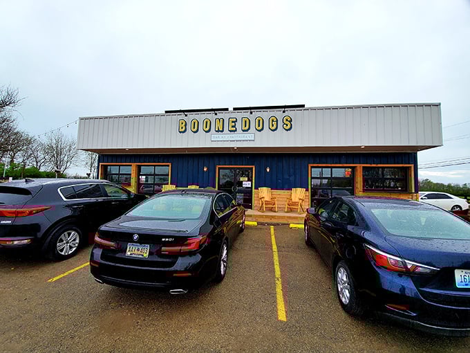 Boonedogs stands like a beacon against the Kentucky sunset, its unassuming exterior hiding culinary treasures that locals line up for.