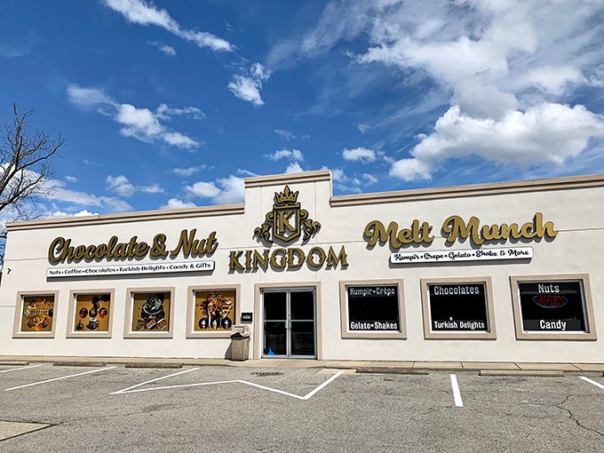 The royal treatment begins before you even step inside. Chocolate & Nut Kingdom's golden crown logo promises a majestic experience for your taste buds.