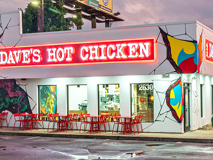 The neon glow of Dave's Hot Chicken beckons heat-seekers like a spicy lighthouse guiding hungry sailors home to crispy, fiery salvation.