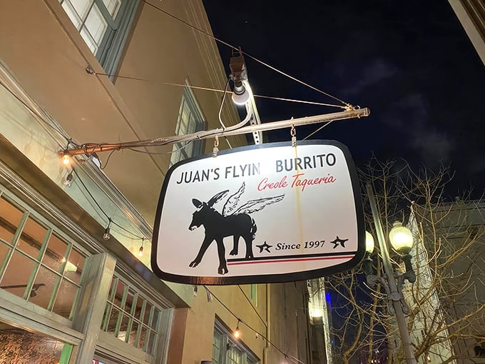 The iconic winged donkey sign beckons hungry travelers like a mythical creature promising culinary adventures. This isn't just a sign&mdash;it's a promise.
