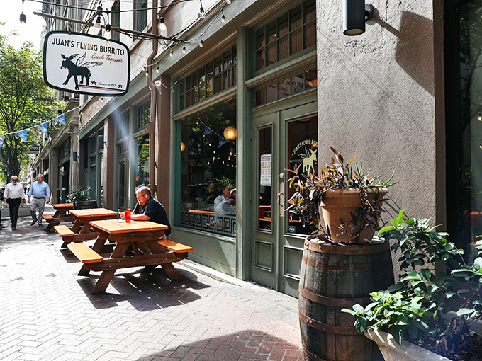 The iconic winged burrito mascot welcomes hungry pilgrims to this Magazine Street gem, where outdoor seating beckons on perfect New Orleans afternoons.