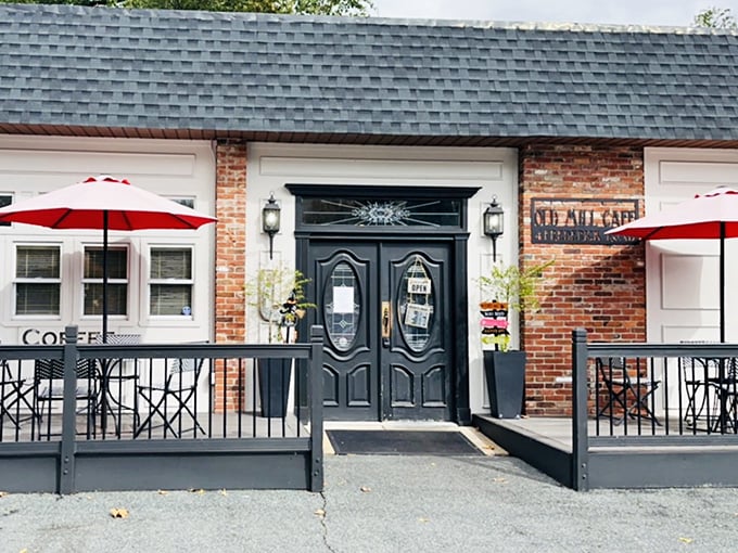 The unassuming brick exterior of Old Mill Cafe beckons with its elegant black doors and cheerful red umbrellas&mdash;like a secret breakfast society waiting to initiate you.