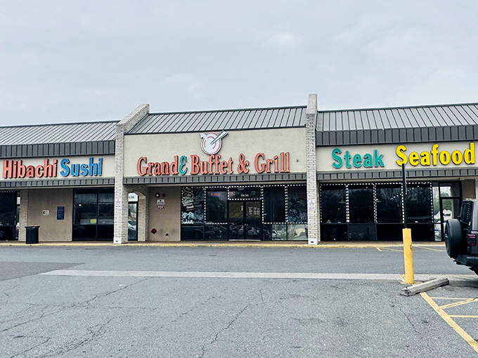 The unassuming strip mall exterior of GrandE Buffet & Grill proves once again that culinary treasures often hide in plain sight throughout Maryland's suburban landscape.