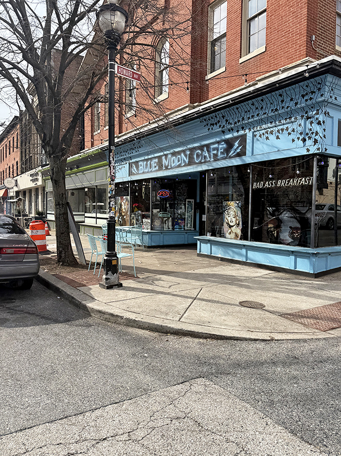 The unmistakable blue facade of Blue Moon Too stands out like a cosmic beacon in Baltimore's Fell's Point, promising breakfast adventures beyond the ordinary.