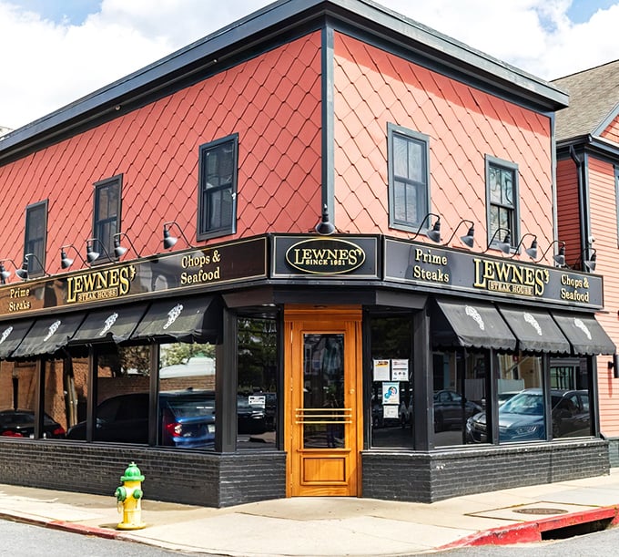 The iconic salmon-colored exterior of Lewnes' stands proudly on the corner, like a beacon calling to carnivores across Maryland.