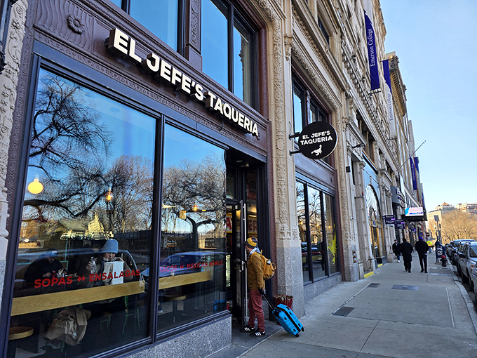 El Jefe's storefront commands attention on a historic Boston street, where modern Mexican flavors meet classic New England architecture. The boss of burritos awaits inside.