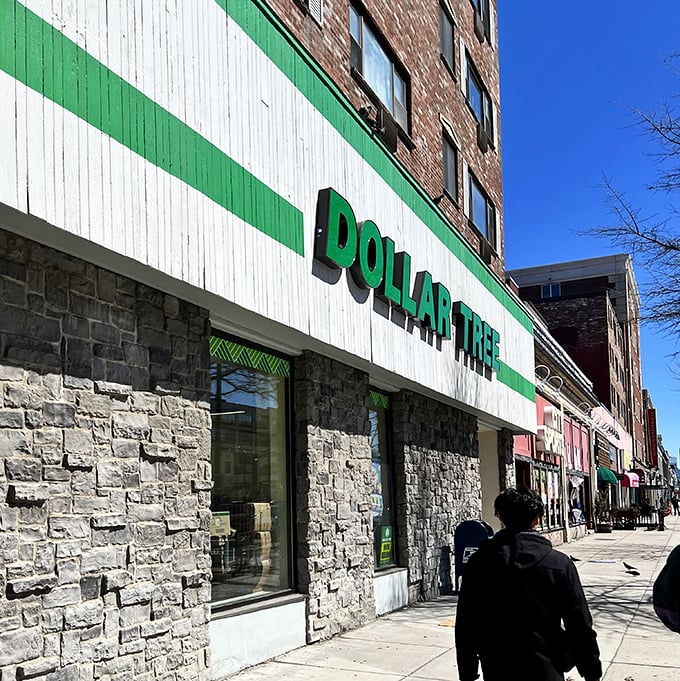 The iconic green and white signage of Dollar Tree on Commonwealth Avenue stands as a beacon of budget-friendly shopping in Boston's bustling urban landscape.