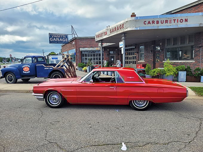 The classic service station facade of Vinsetta Garage stands as a monument to Detroit's automotive past while promising culinary delights within.