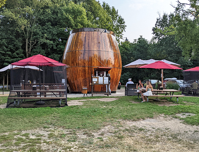 The Douglas Root Beer Barrel stands like a wooden monument to summer nostalgia, its rich amber planks gleaming in the Michigan sunshine.