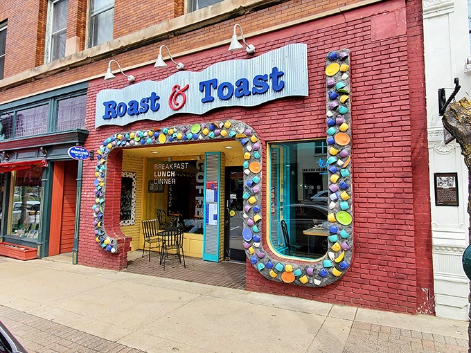 The colorful coffee mug entrance to Roast & Toast isn't just decorative&mdash;it's a caffeinated welcome committee promising good things await inside.