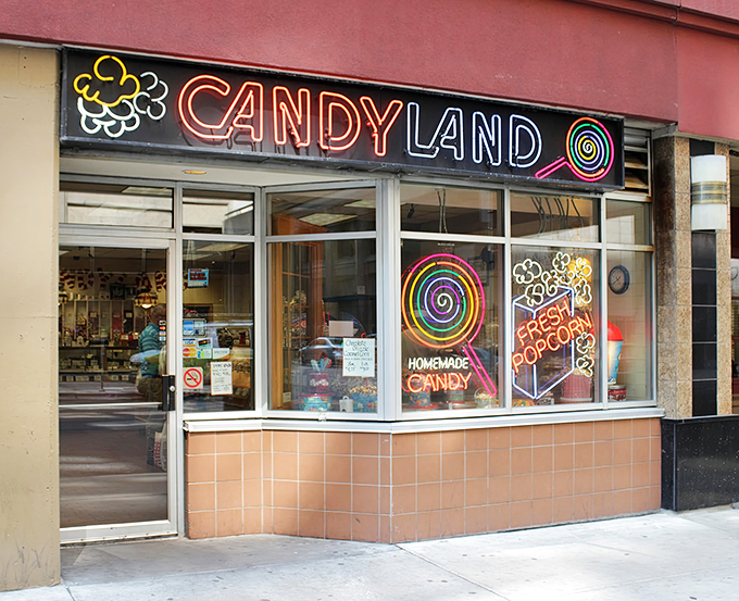The iconic Candyland storefront beckons with its rainbow-hued sign &ndash; a portal to childhood that's been tempting Minneapolis sweet tooths since 1932.