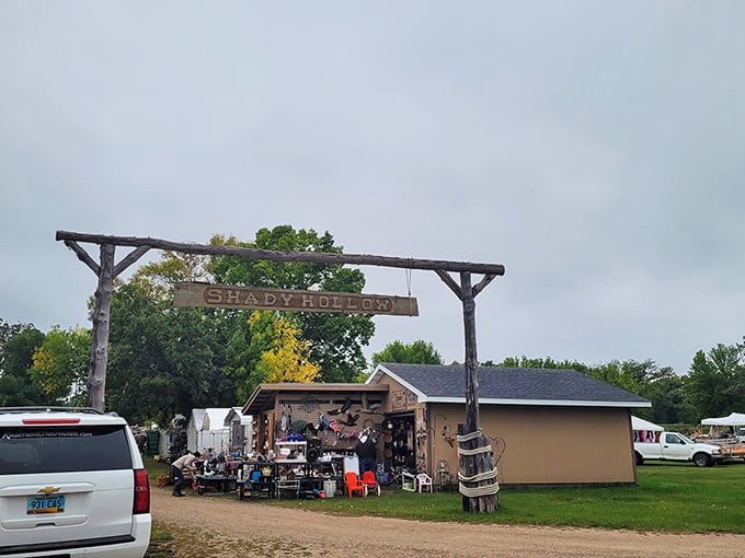 Treasure hunting paradise! Under the shade of towering trees, vendors display everything from vintage furniture to collectible decoys, creating a bargain hunter's dream landscape.