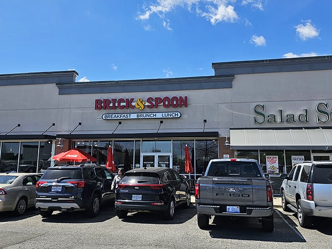 The unassuming storefront of Brick & Spoon might fool you, but those packed parking spaces tell the real story&mdash;breakfast treasures await inside. 