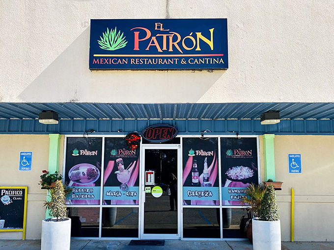 The unassuming storefront that launches a thousand cravings. El Patron's exterior promises authentic Mexican flavors hiding in plain sight on the Mississippi Gulf Coast.