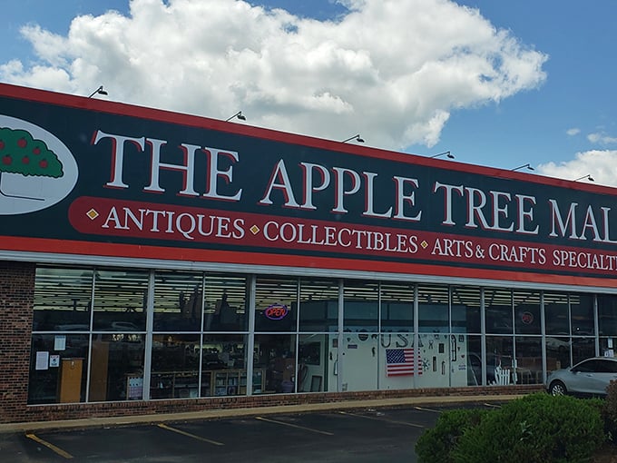 The iconic red and green signage welcomes treasure hunters to The Apple Tree Mall, Branson's wonderland of collectibles and curiosities.