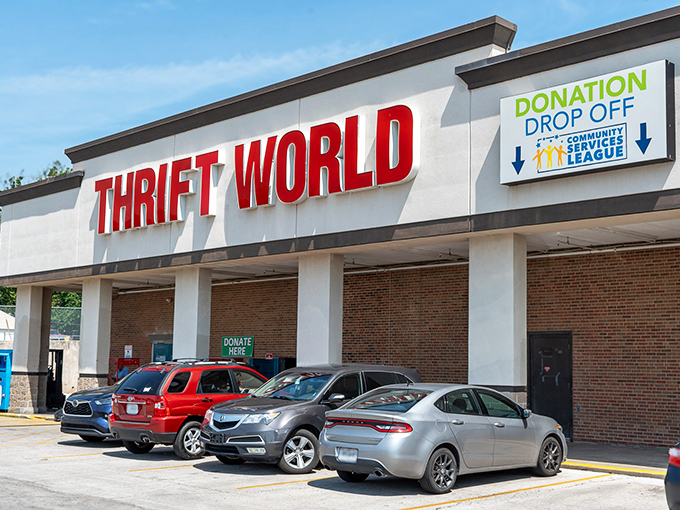 The bright red Thrift World sign beckons like a lighthouse for bargain hunters. "Shop early. Shop often. SAVE BIG!" isn't just a slogan&mdash;it's a lifestyle manifesto.